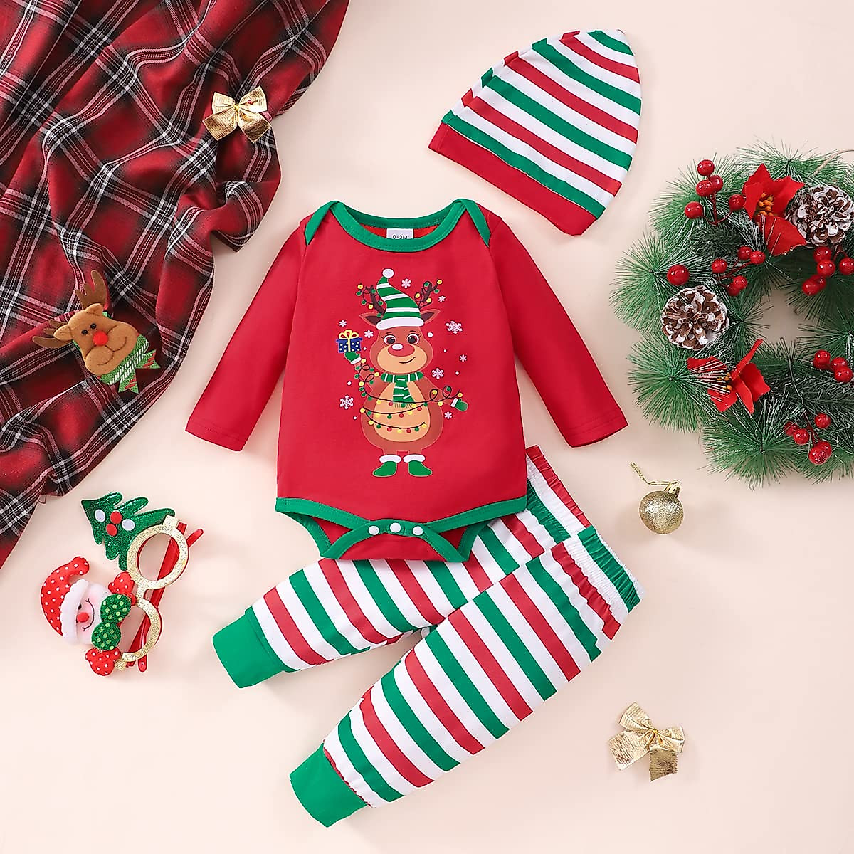 NUBEEHOHO Christmas Reindeer Outfit for Newborn Baby Long Sleeve Bodysuit Novelty Clothing Set 12-18 Month
