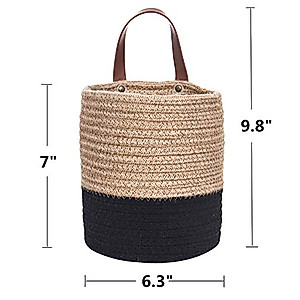 ZFRXZ Wall Hanging Basket - 6.3" x 7" Small Cotton Rope Baskets with Handle Storage Bins for Door Closet- Woven Basket Organizer for Flower Plants, Towels,Toys (Jute & Black)