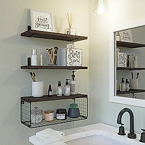 WOPITUES Floating Shelves Wall Mounted, Rustic Wood Bathroom Shelves Over Toilet with Paper Storage Basket, Farmhouse Floating Shelf for Wall Decor, Bedroom, Living Room, Kitchen–Rustic Brown