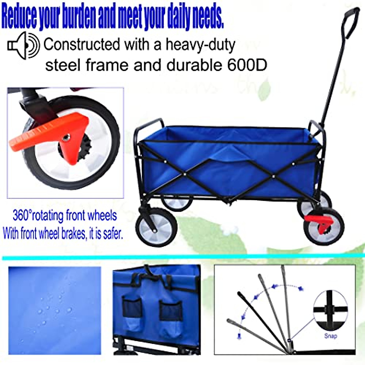 Wagon Cart with Wheels Foldable,Utility Garden Cart,Utility Collapsible Folding Wagon with Heavy-Duty Steel Frame,Camping Folding Wagon,Trolley Cart for Garden,Outdoor Travel (Blue)