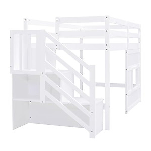 BOVZA Twin Size Low Loft Bed with Storage Staircase and Window, Wooden Low Loft Bed Frame with Stairs Storage for Kids, Teens, Boys, Girls, White