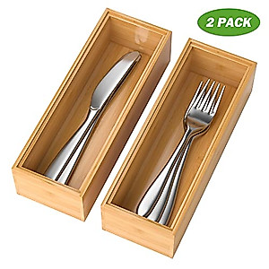 Lixple Bamboo Drawer Organizer - Set of 2, Stackable Storage Box, Silverware Tray for Drawer, Small Gadgets Holder 9” x 3” x 2”