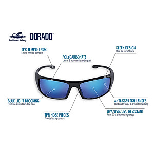 Bullhead Safety Dorado Safety Glasses with Dual Lenses, ANSI Z87+, Blue Light Glasses with UV Light Protection and Anti-Scratch Coating, Blue Revo Lenses, Matte Black Frame