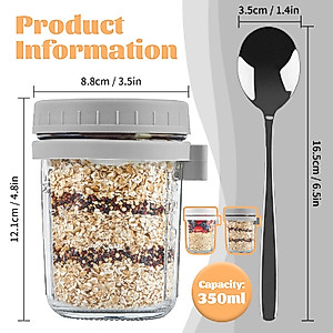 Kucoele Overnight Oats Jars with Lids and Spoons, 2 Pack 12 oz Glass Mason Jars Oatmeal Containers with Measurement Marks for Cereal, Milk, Vegetable and Fruit Salad (Grey+White)