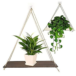 GUAGLL Wooden Shelf Wall Hanging Flower Pot Storage Rack Wooden Hanging Strap Ornaments with Hemp Rope
