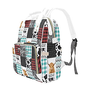 XOZOTY Highland Cow Patchwork White Diaper Bags with Name Waterproof Mummy Backpack Nappy Nursing Baby Bags Gifts Tote Bag for Women