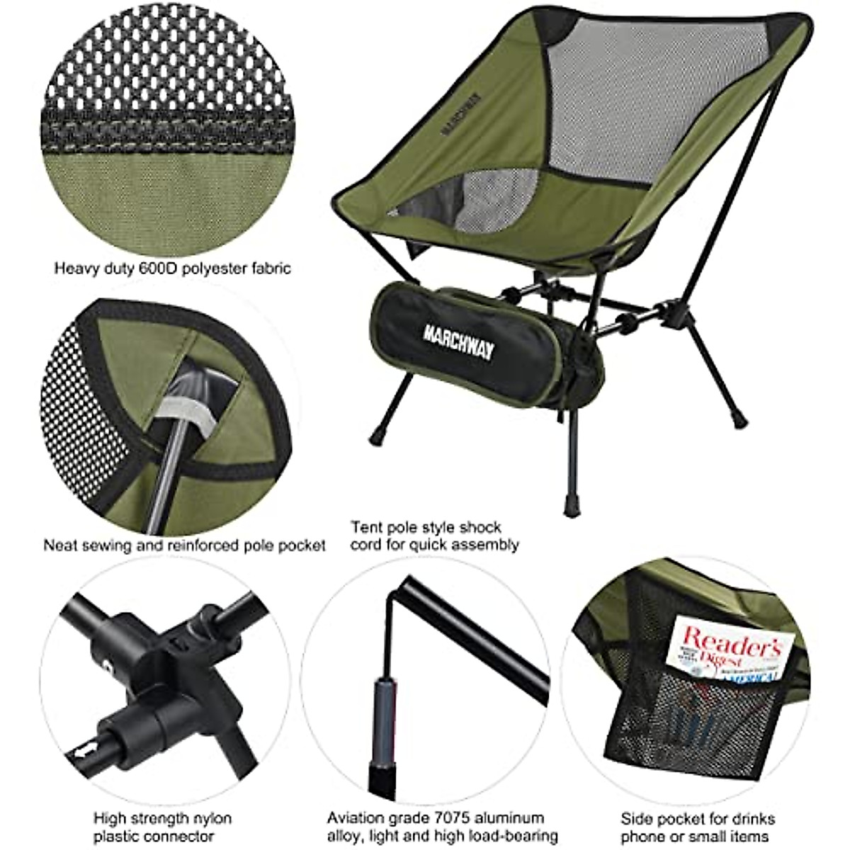 MARCHWAY Ultralight Folding Camping Chair, Heavy Duty Portable Compact for Outdoor Camp, Travel, Beach, Picnic, Festival, Hiking, Lightweight Backpacking (Green)