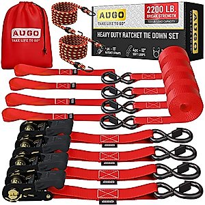 AUGO Ratchet Straps Heavy Duty 4 Pack -15 FT - 2200 LB Break Strength – Ratchet Tie Down Straps with Safety Lock S Hooks - Cargo Straps for Moving, Appliances, Motorcycle – Soft Loop Tie Down Straps