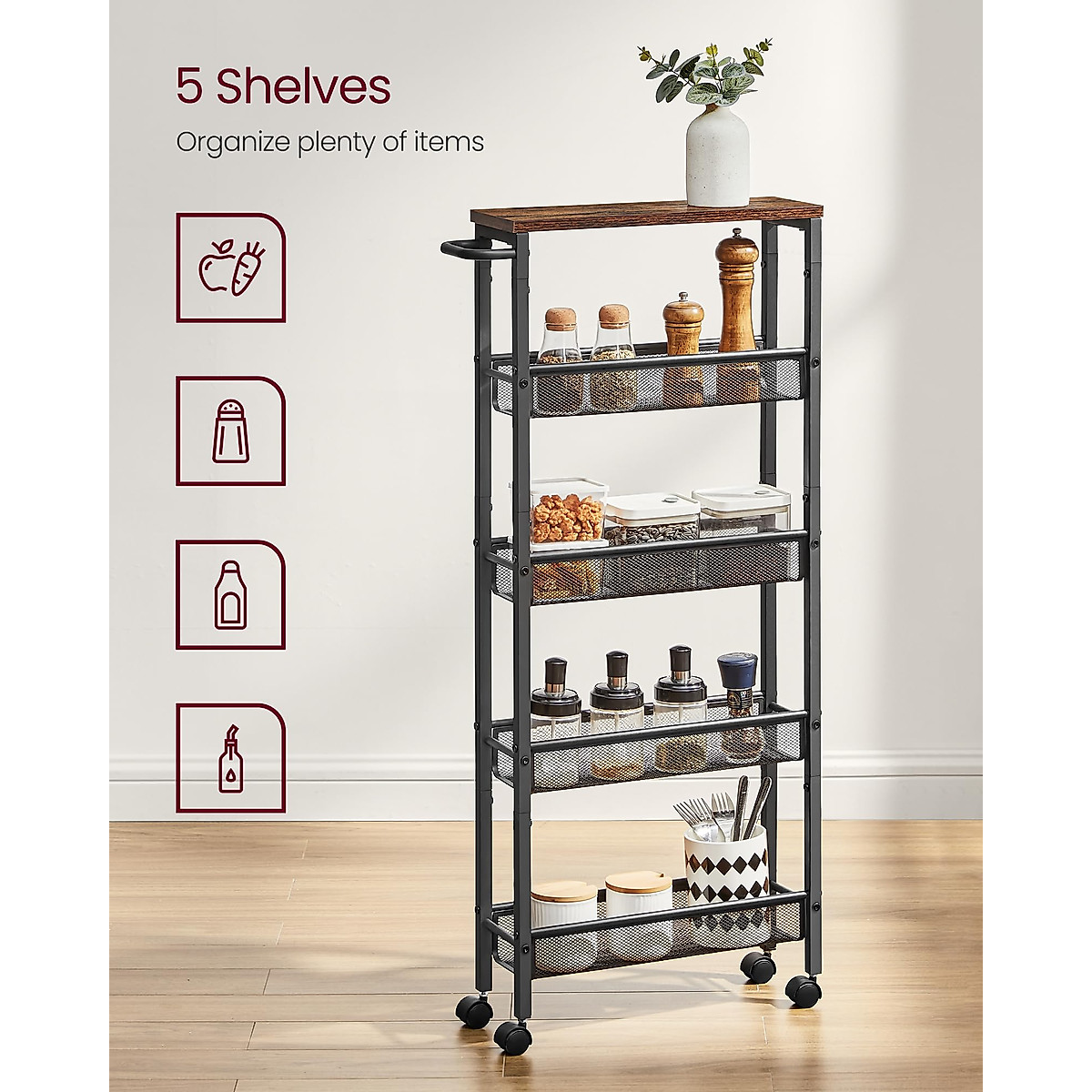 VASAGLE Slim Rolling Cart, 5-Tier Storage Cart, Narrow Cart with Handle, 5.1 Inches Deep, Metal Frame, for Kitchen, Dining Room, Living Room, Home Office, Rustic Brown and Classic Black ULRC034B01