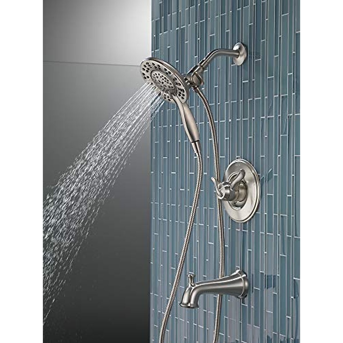 Delta Faucet Linden 17 Series Dual-Function Tub and Shower Trim Kit, Shower Faucet with 4-Spray In2ition 2-in-1 Dual Hand Held Shower Head with Hose, Stainless T17494-SS-I (Valve Not Included)