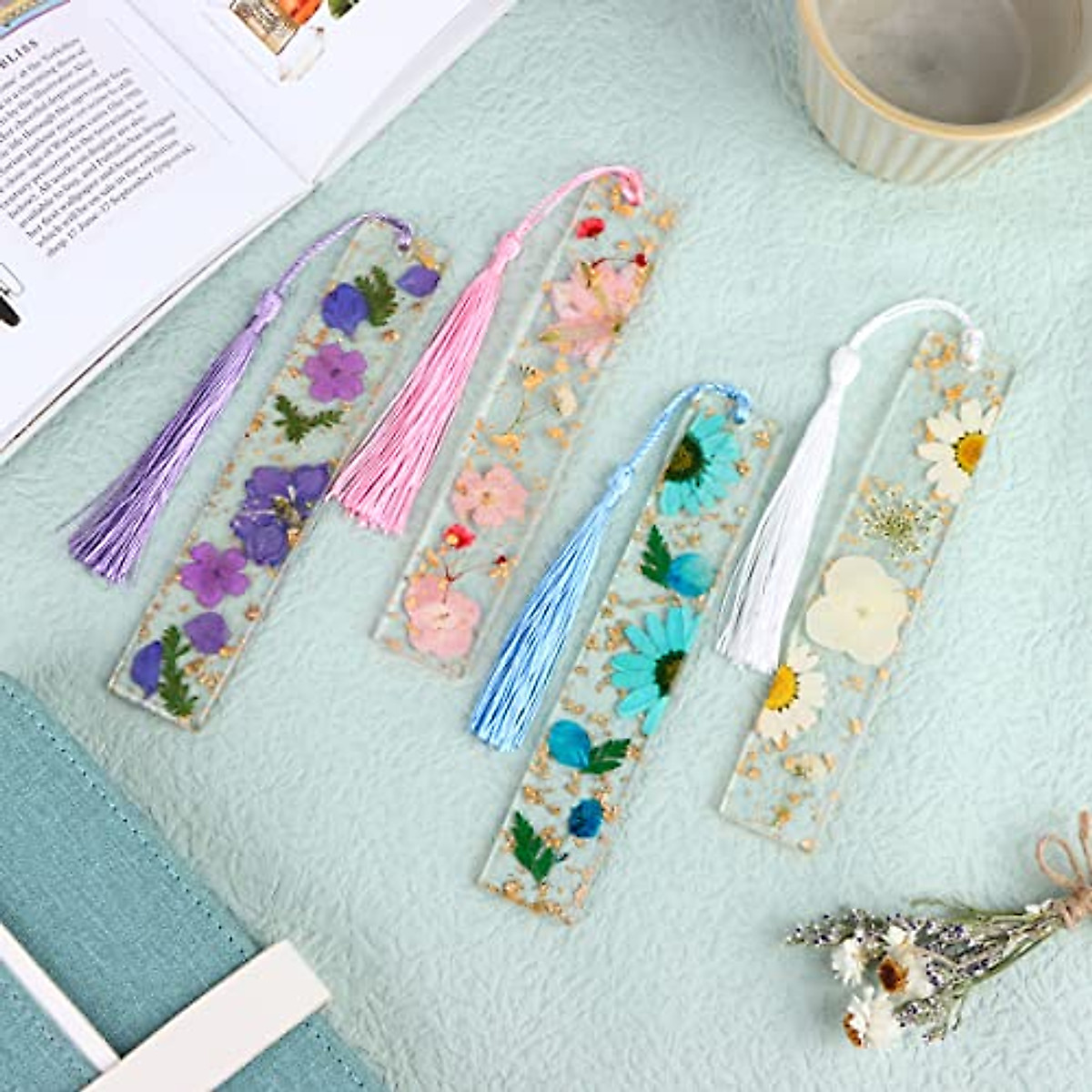 Kavoc 4 Pieces Flower Acrylic Bookmarks Book Page Holder Floral Bookmarks with Colorful Tassels Thumb Ring Page Holder Transparent Page Holders for Reading Students Teachers (Blue/Purple)