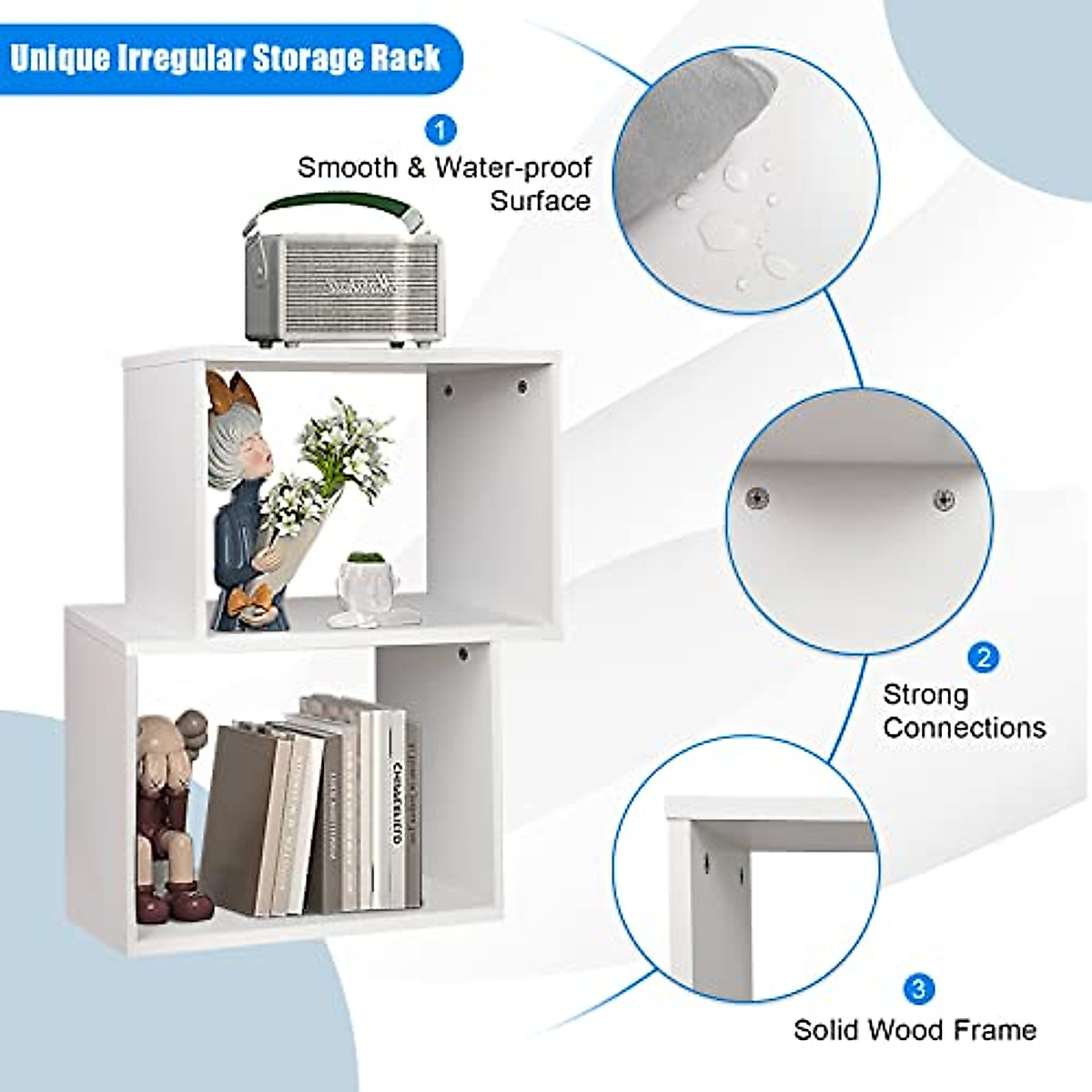 Giantex 3-Tier Geometric Bookshelf White, 28’’ Tall Wood S-Shaped Display Shelves, Freestanding Open Shelves Nightstand, Floor Standing Display Shelf Bookcase for Living Room, Bedroom