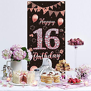 Lnlofen 16th Birthday Door Banner Decorations for Girls, Large 16 Year Old Birthday Party Door Cover Backdrop Supplies, Happy Sixteen Birthday Poster Sign(Rose Gold)
