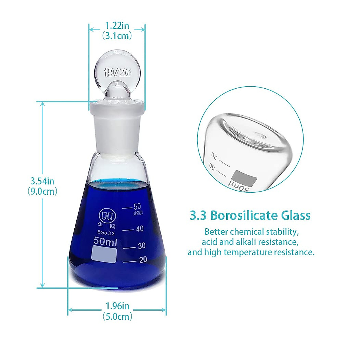 HUAOU 3pcs Glass Erlenmeyer Flask Set, 50ml 150ml 250ml Laboratory Flask with Stopper, Lab Chemistry 3.3 Borosilicate, Narrow Mouth, Printed Graduation, Conical Flask with Cleaning Brush