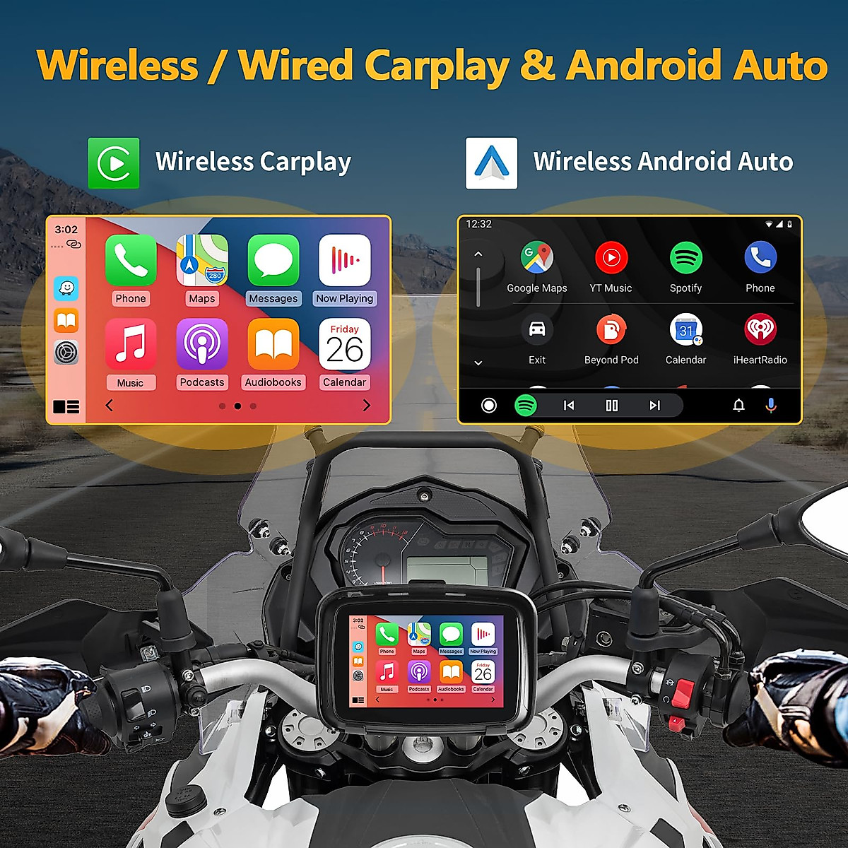 5 Inch Portable Touchscreen for Motorcycle, Waterproof Touch Screen Wireless CarPlay&Android Auto,GPS Navigation via CarPlay/Android Auto for Motorbike
