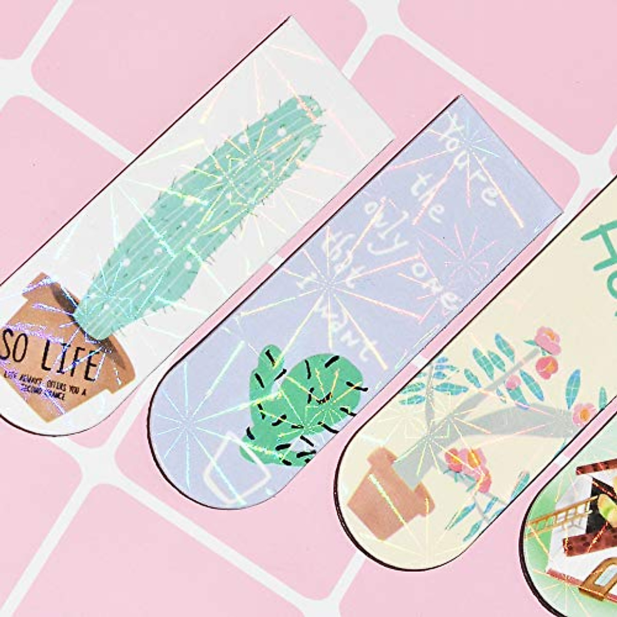 30 Pieces Cute Magnetic Bookmarks for Women/Men, Dual Sided Rainbow Film Laminated Book Markers for Girls, Funny Magnetic Bookmarks for Kids, Book Marks Bulk Page Clip Reading Giveaways (Cactus Plant)