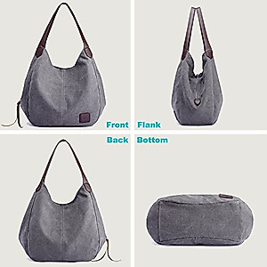 DOURR Women's Multi-pocket Shoulder Bag Fashion Cotton Canvas Handbag Tote Purse (Gray - Medium Size)