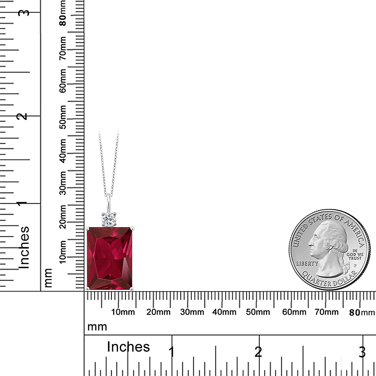 Gem Stone King 925 Sterling Silver Red Created Ruby and White Topaz Pendant Necklace For Women (20.33 Cttw, Emerald Cut 18X13MM, With 18 Inch Silver Chain)