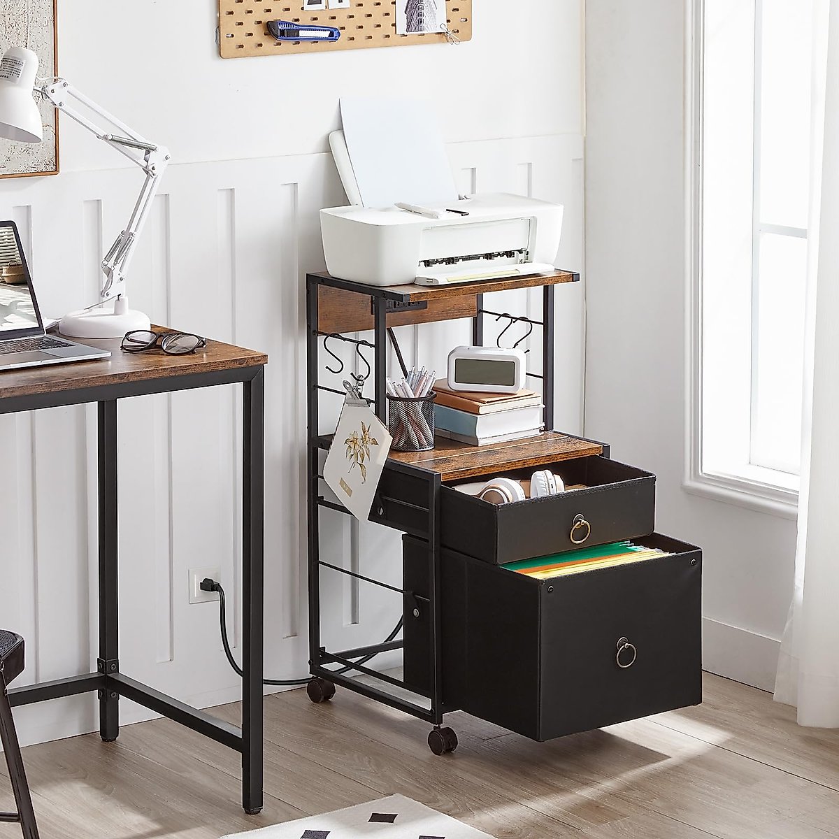 HOOBRO 2-Drawer File Cabinet, Filing Cabinet with Charging Station, Vertical Office Cabinet with Open Storage Shelf, Printer Stand, A4/Letter Size, Nonwovens Drawer, Rustic Brown and Black BFK23UWJ01