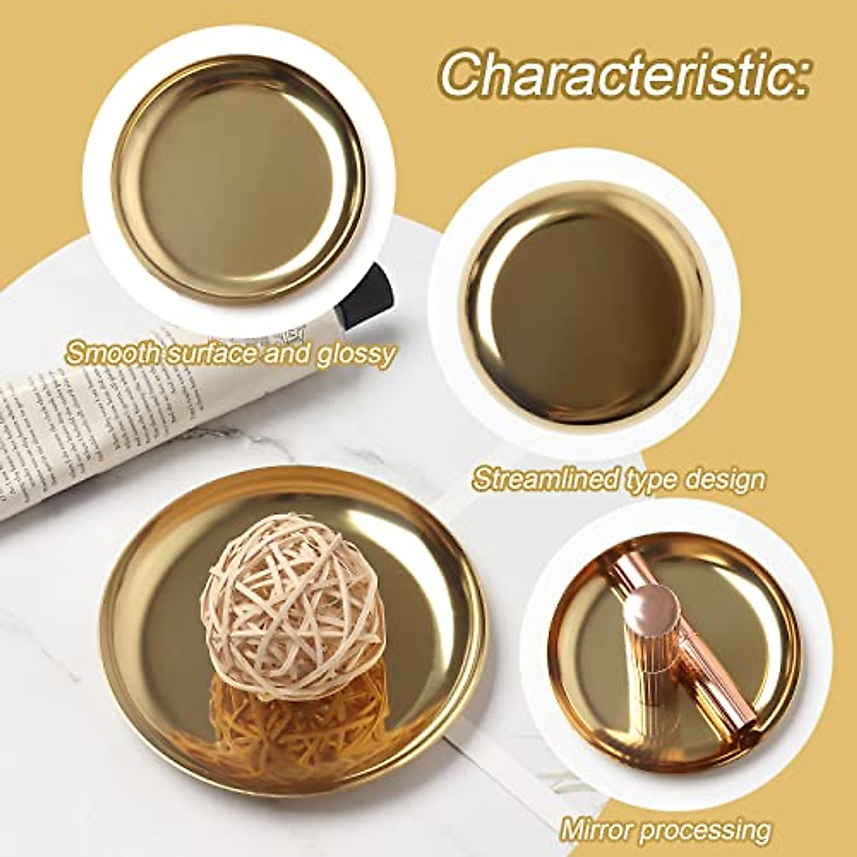 wexpw 2 Pack Gold Jewelry Dish Plate 4inch Stainless Steel Small Gold Decorative Jewelry Tray Golden Tray Round Metal Tray Gold Small Vanity Tray Tea Tray Fruit Trays