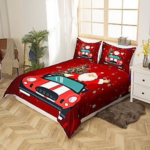 Christmas Kids Bedding Set Santa Claus Racing Car Duvet Cover for Boys Children Bedroom Decor Christmas Tree Comforter Cover Set Snowflake Xmas Theme Bedspread Cover Twin Size With 1 Pillow Case