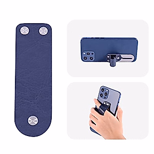Hualing Metal Cell Phone Finger Ring Stability Holder Back Stand Collapsible Stainless Steel + Real Leather Hand Grip Universal for iPhone Samsung Galaxy Mobile (Blue), SSL