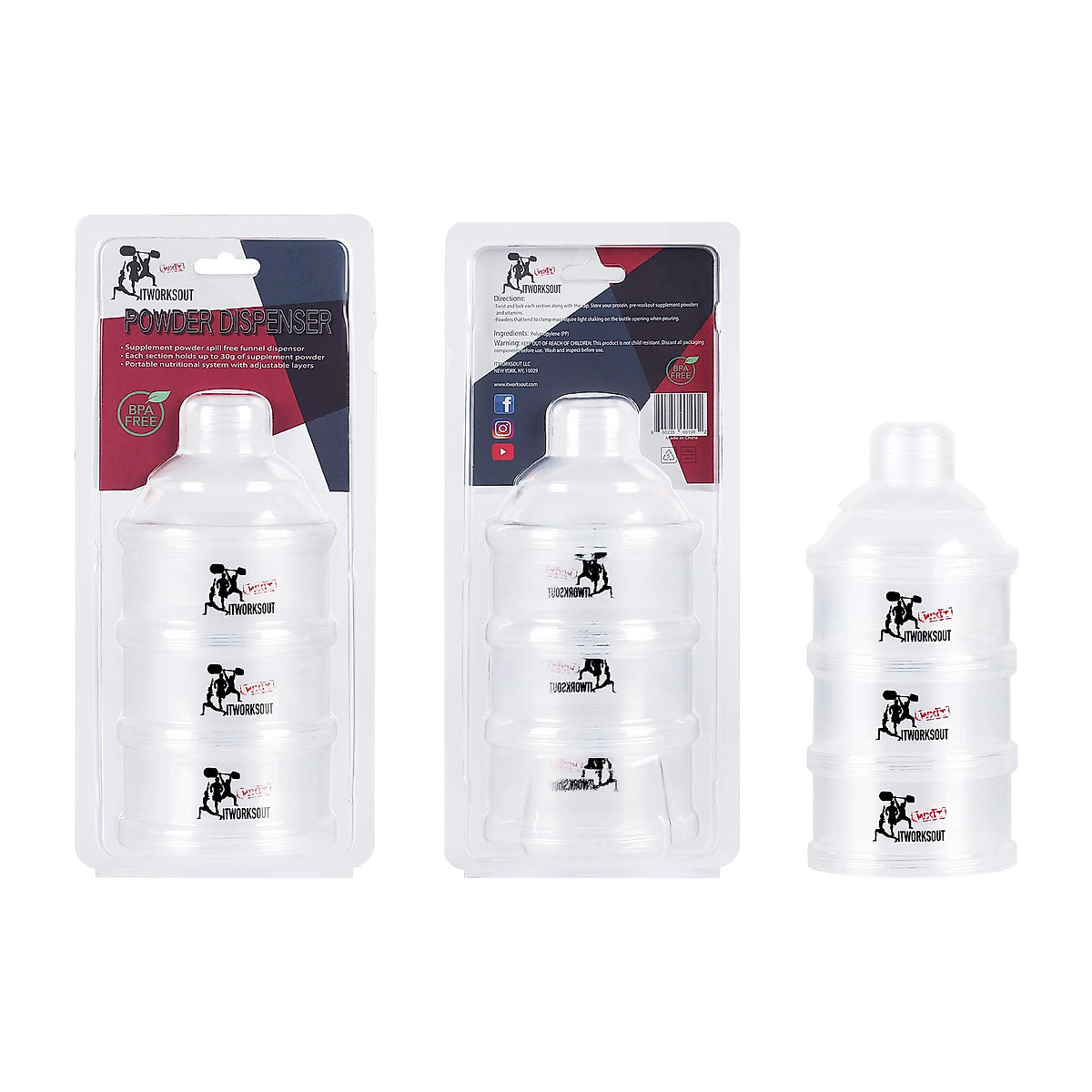 ITWORKSOUT Supplement Powder Dispenser,Protein Powder dispenser,Vitamins container,Travel friendly,Multi-Purpose,supplement Storage Container,BPA Free,3 Compartments,Transparent,funnel dispenser