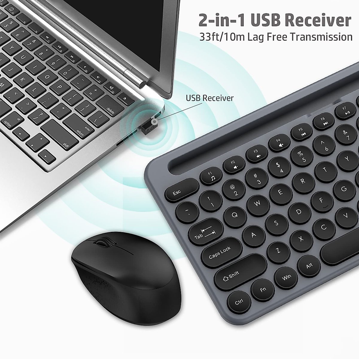 LeadsaiL Wireless Keyboard and Mouse Combo, Full-Sized Ergonomic Computer Keyboard with Phone Tablet Holder, 2.4GHz Silent Cordless Keyboard Mouse Set for Windows Laptop, PC, Desktop - Grey