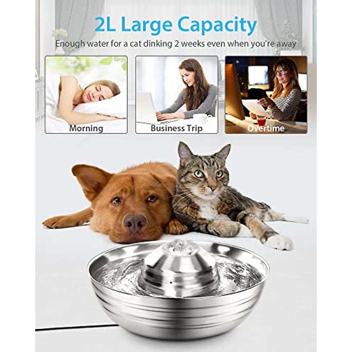 Huicocy Cat Water Fountain Stainless Steel, 67Oz/2L Pet Fountain with Ultra-Quiet Design, Visible Water Level, 360° Automatic Cat Water Dispenser Easy Assemble and Clean,Supply Water Even Power Off