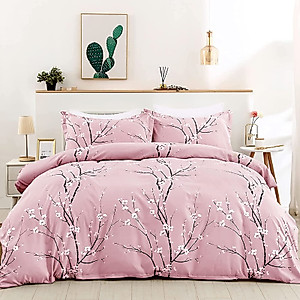 WONGS BEDDING Floral Duvet Cover Set King, Pink Flower Plum Pattern Comforter Cover Set with 2 Pillowcases 3 Pieces Botanical Bedding Set with Zipper Closure for Kids 90"x103"(Not Comforter)