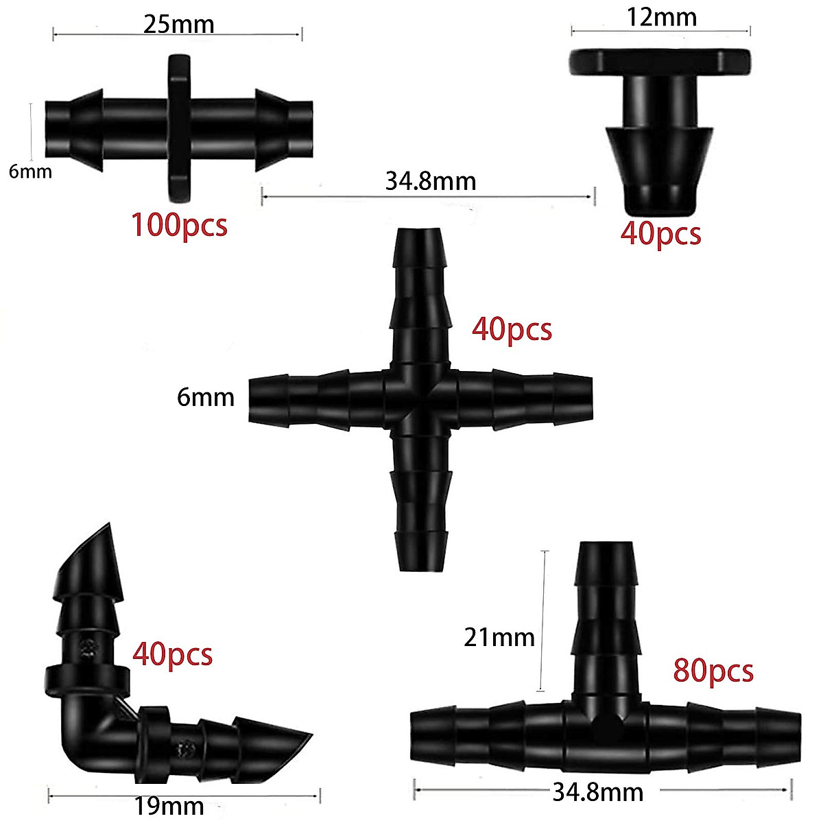 HOINCO 300Pcs Barbed Connectors Irrigation Fittings Kit, Drip Irrigation Barbed Connectors for 1/4 Inch Tube, for Flower Pot Garden Lawn (Elbows, End Plug, Straight Barbs, Tees, 4-Way Coupling)