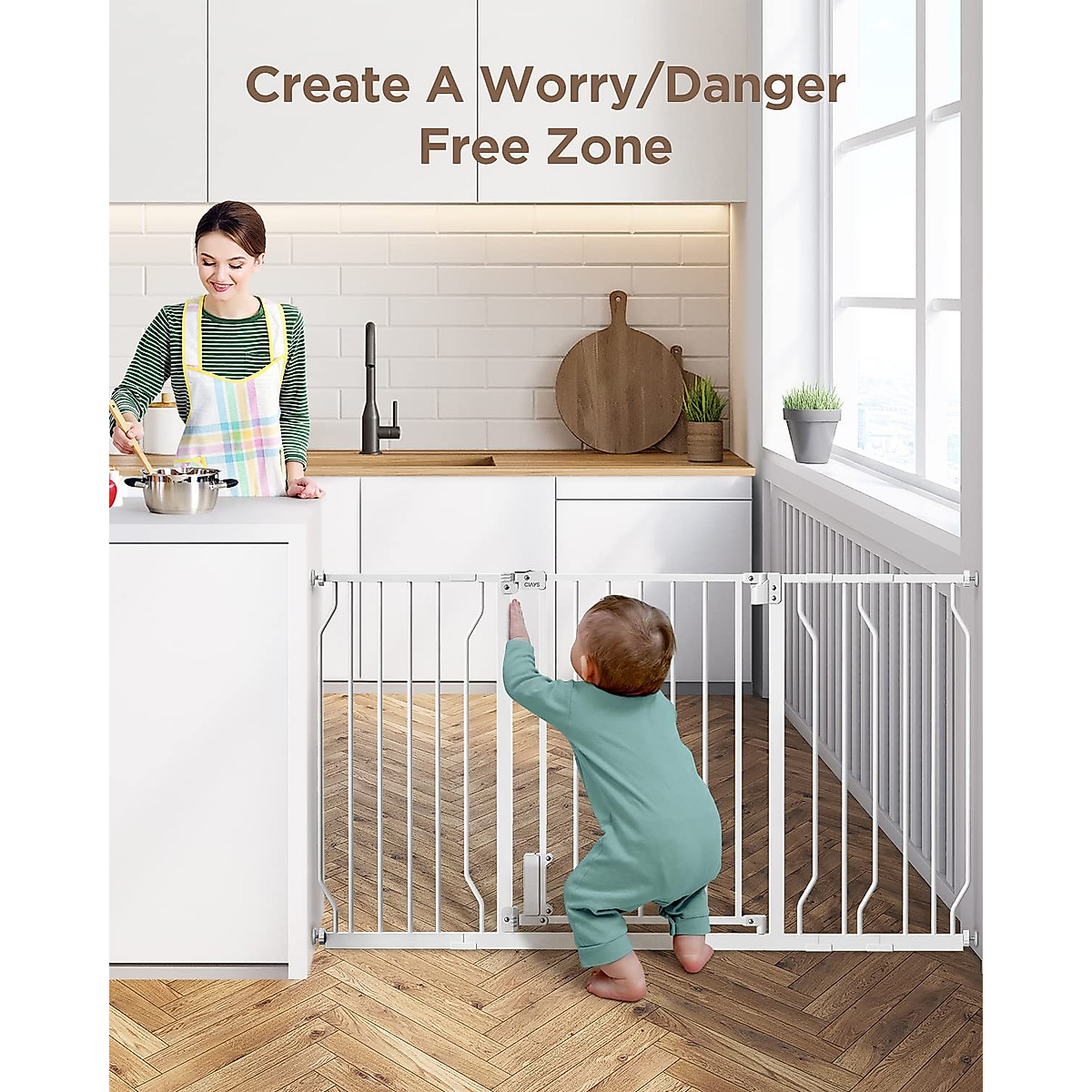 Ciays 29.5” to 57.1” Baby Gate for Stairs Doorways and House, 30” Height Extra Wide Auto-Close Safety Dog Gate for Pets with Secure Alarm, Pressure Mounted, White