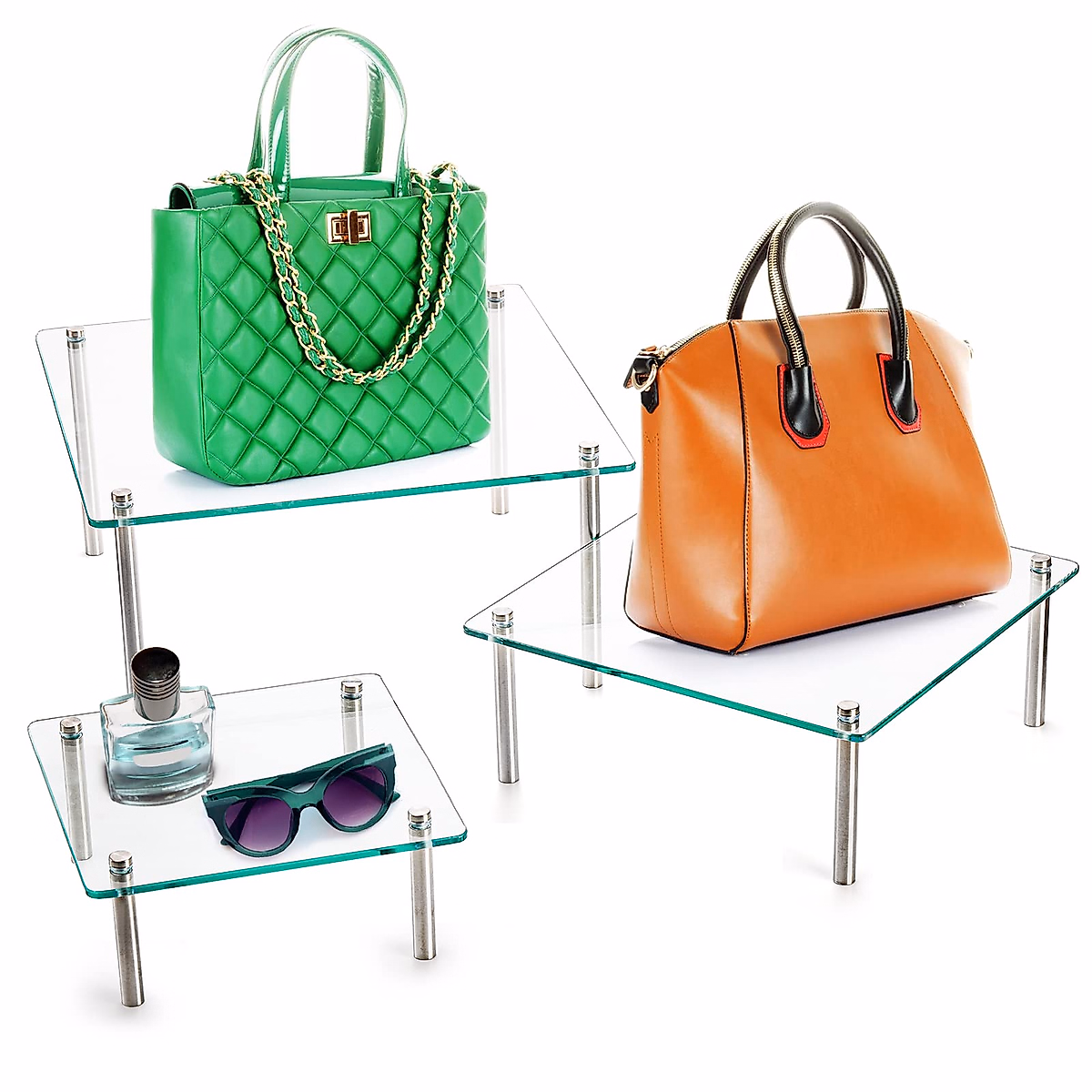 Hacaroa 3 Pcs Square Tempered Glass Cupcake Stands, 8, 10, 12 Inch Clear Cake Display Stand Glass Retail Risers for Desserts, Pastries, Appetizers