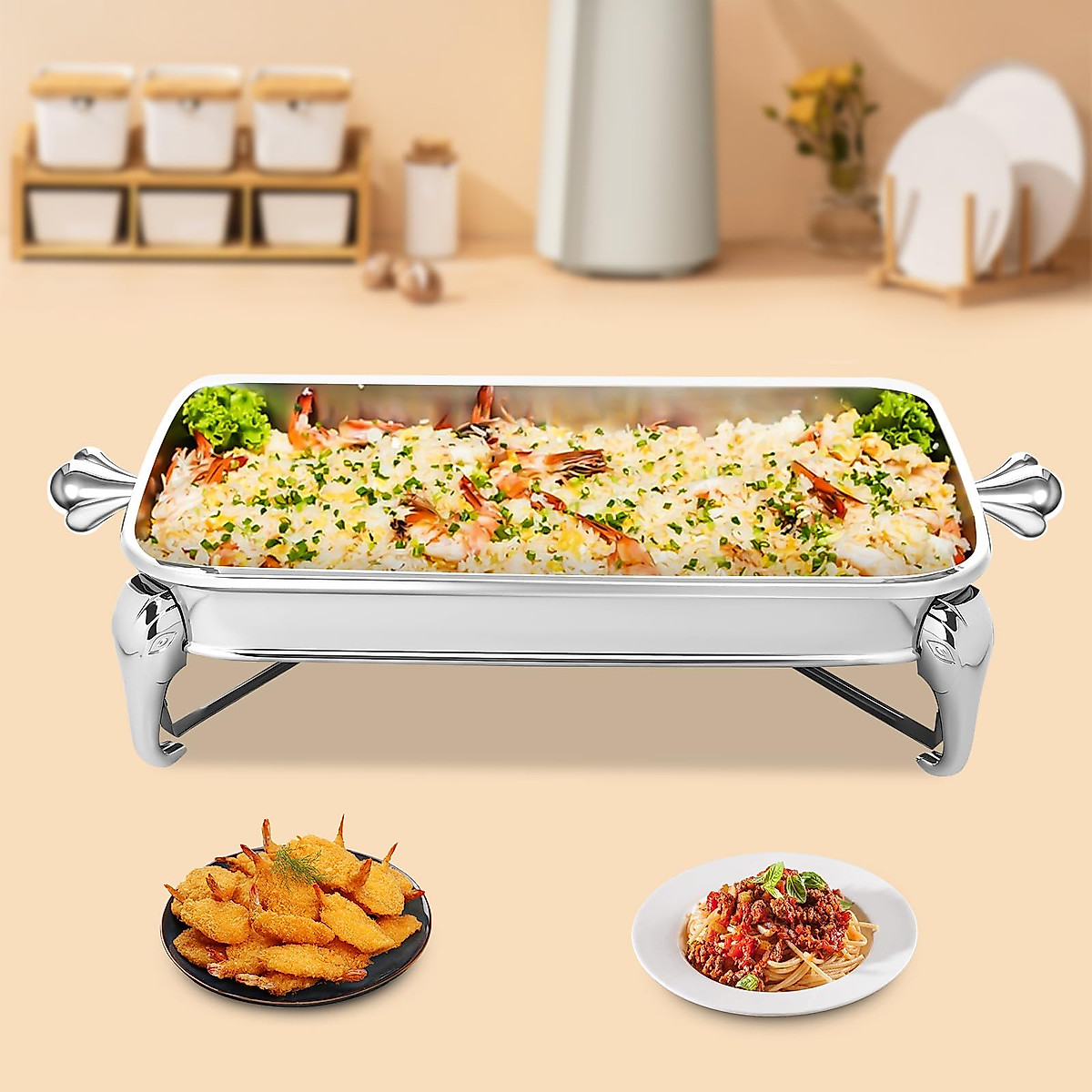 Chafing Dish Buffet Set Stainless Steel Chafing Servers with Handle and Lid Rectangular Food Warmer for Catering Event Birthday Party Buffet Food Warming Trays with Fuel Holder 2.9L, Silver