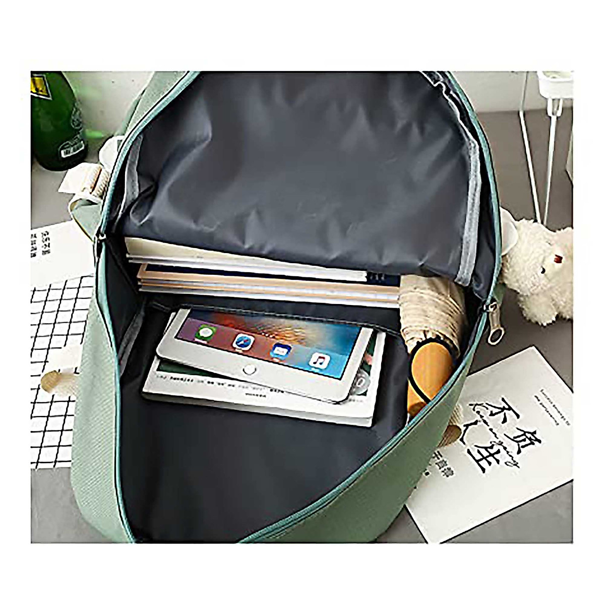 Cute Kawaii Backpack 4Pcs Canvas Backpack Give away bear pendant Pencil Pouch Shoulder Bag Lunch Bag for Girls Boys (Red)