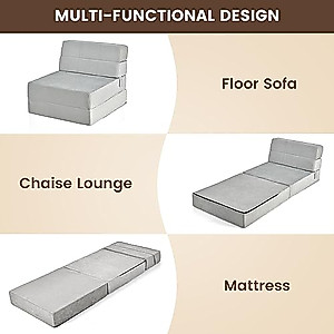 RELAX4LIFE Folding Sofa Bed Chair - 3-in-1 Convertible Couch Sleeper, Floor Futon Couch w/Removable Cover & Full Padded Foam, Fabric Guest Sleeper Chair for Living Room, Study, Apartment (Grey)