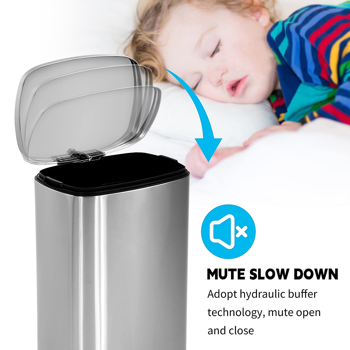 BLKMTY Trash Can 13 Gallon Trash Can Kitchen Trash Cans with Lid Stainless Steel Trash Bin Step Garbage Bin with Inner Bucket Pedal Rubbish Bin for Office Step-Open Steel Garbage Can, Silver