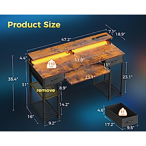 ODK Computer Desk with LED Lights & Power Outlet, 48 Inch Gaming Desk with Keyboard Tray & Drawers & Storage Shelves, Office Table Work Desk with Monitor Stand & PC Stand, Rustic Brown