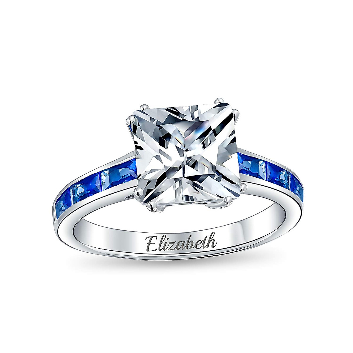 Personalized Classic Art Deco Style 3CT AAA CZ Square Princess Cut Engagement Ring For Women Cubic Zirconia Simulated Sapphire Blue Channel Set Baguette Band .925 Sterling Silver Customizable