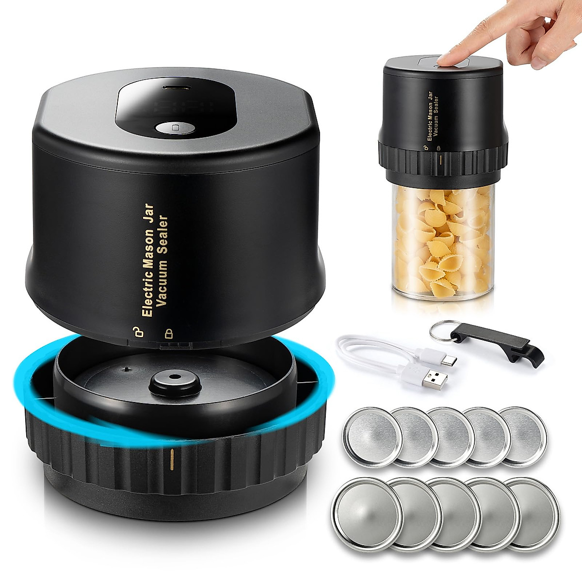 Electric Mason Jar Vacuum Sealer Kit for Regular & Wide Mouth Mason Jars Lids Canning Supplies Mason Jar Sealer with Can Opener Automatic Dry Canning Vacuum Sealer Machine for Food Saver Storage Black