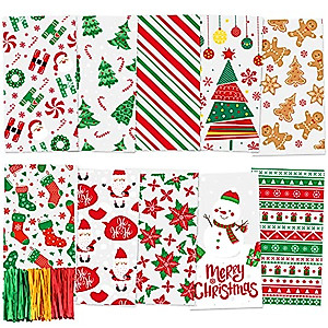 SUPERLELE 170pcs Christmas Cellophane Bags Candy Cookie Storage Christmas Treat Bags with 180pcs Twist Ties Party Favor 5.9x11in 10 Styles