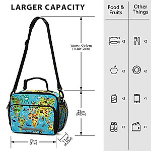Kids Animal World Map Lunch Box Reusable Insulated School Lunch Bag Cooler Cooling Lunch Tote Bag for Boys,Girls,Travel,Picnic（2021925）