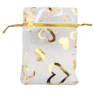 QIANHAILIZZ 100 Pack 2.8 x 3.5 Inch Flower Heart Organza Jewelry Gift Pouch Candy Pouch Drawstring Wedding Favor Bags B511S (white gold heart)