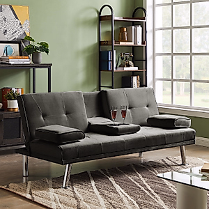 MWrouqfur 66" Modern Linen Fabric Sofa Bed Futon,Convertible Folding Sleeper Couch Bed with Cup Holders w/Removable Armrest,Loveseat Recliner Sofa for Living Room Apartment Office (Grey)