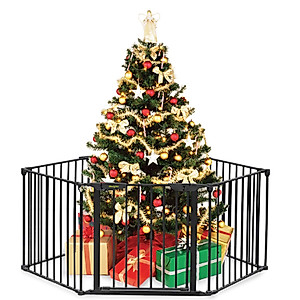 Bonnlo 120.5-Inch Metal Fireplace Fence Guard 5-Panel Baby Safety Gate/Barrier/Play Yard with Door Christmas Tree Fence Hearth Gate for Kids/Pet/Toddler/Dog/Cat, Black