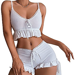 SweatyRocks Women's 2 Piece Lingerie Set Ruffle Trim Tie Front Cami Top and Shorts Sleepwear White S