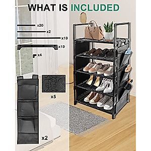 Moweallarge Shoe Rack 17-22 Pairs Stackable 5-Tier Shoes Rack Upgrade Compact Free Standing Shoes Rack with 6-Side Pockets for Small Narrow Space Closet Entryway Dorm Hallway