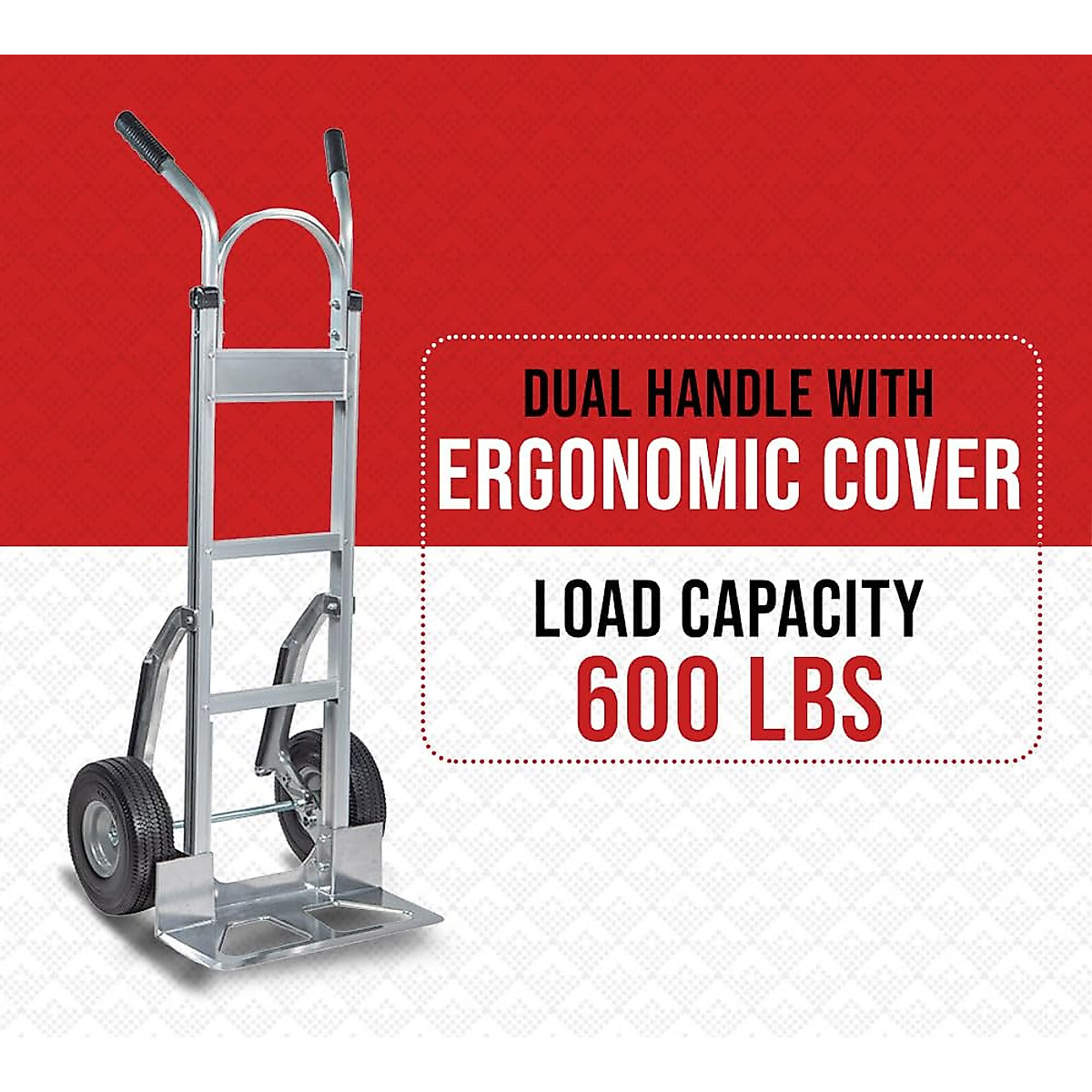 Mytee Products 600 lbs Dual Handle Aluminum Hand Truck Heavy Duty Dolly with 10" Solid Caster Wheels - Large Hand Truck with Skid Bars - 52.3" x 17.5" with 19.3" x 7.5" Nose Plate