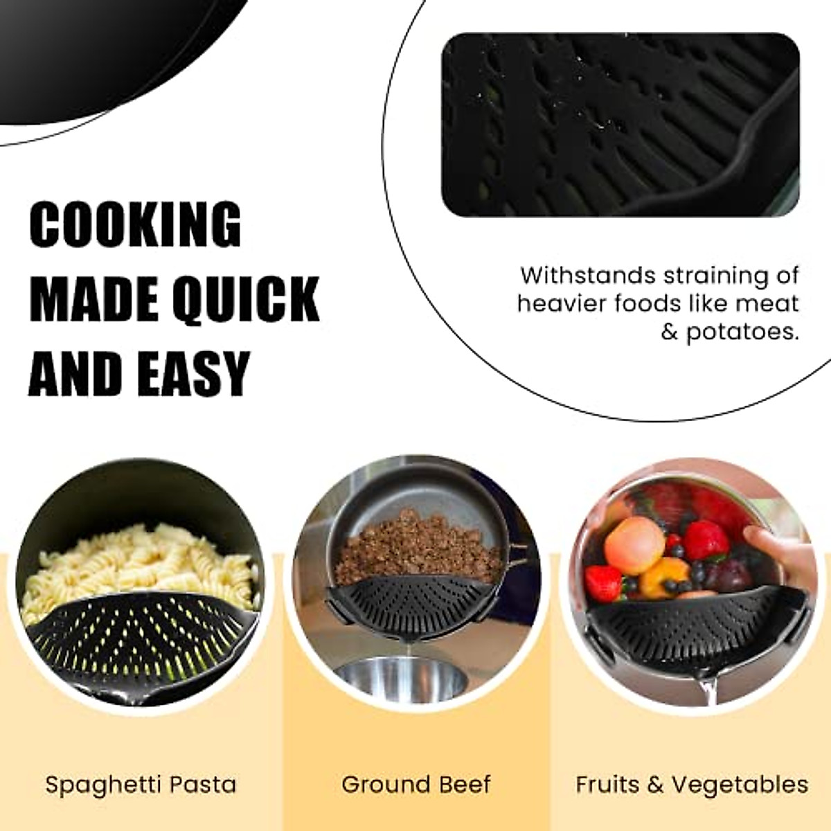 Clip On Kitchen Food Strainer for Spaghetti, Meat, Pasta, & Ground Beef Grease, Colander & Sieve Snaps or Clips Onto Bowls, Pots & Pans Includes Silicone Drainer, Brush & Garlic Peeler (Black)