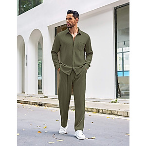 COOFANDY Mens Matching Shirt and Pants Set Long Sleeve Button Up Shirts Ribbed Pants with Pockets Lounge Tracksuits